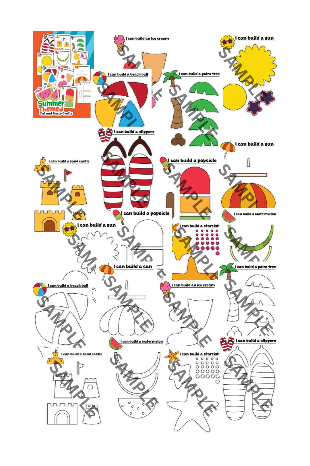 Summer Themed Cut and Paste Crafts Printable ( 20 Pages )