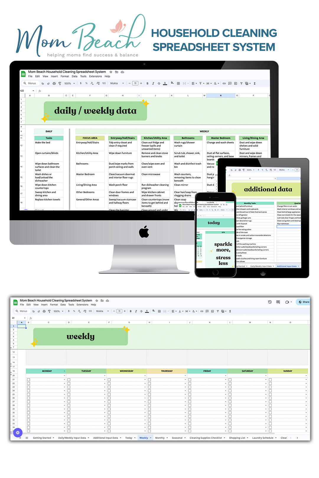 Mom Beach Household Cleaning Spreadsheet System