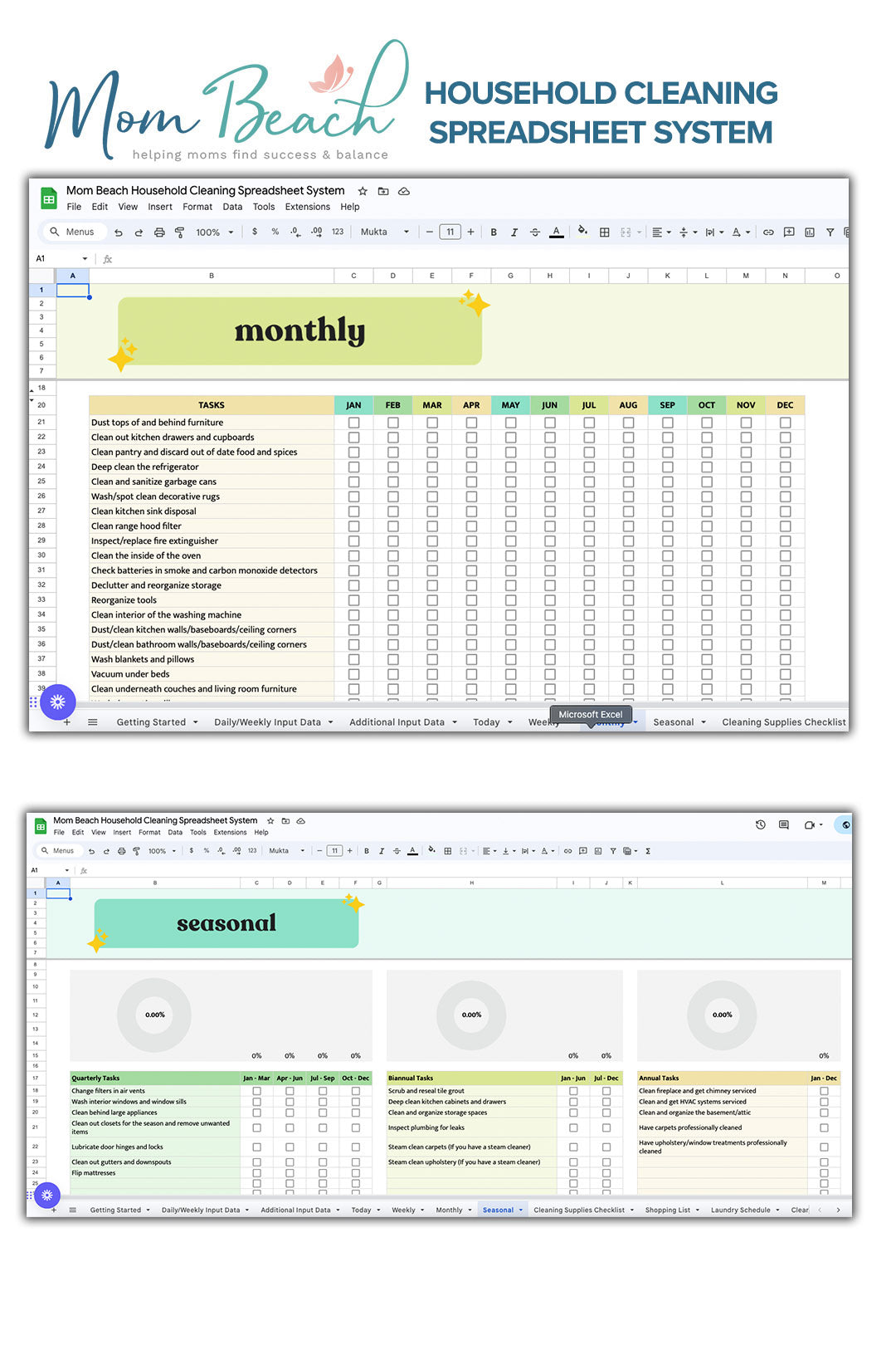 Mom Beach Household Cleaning Spreadsheet System