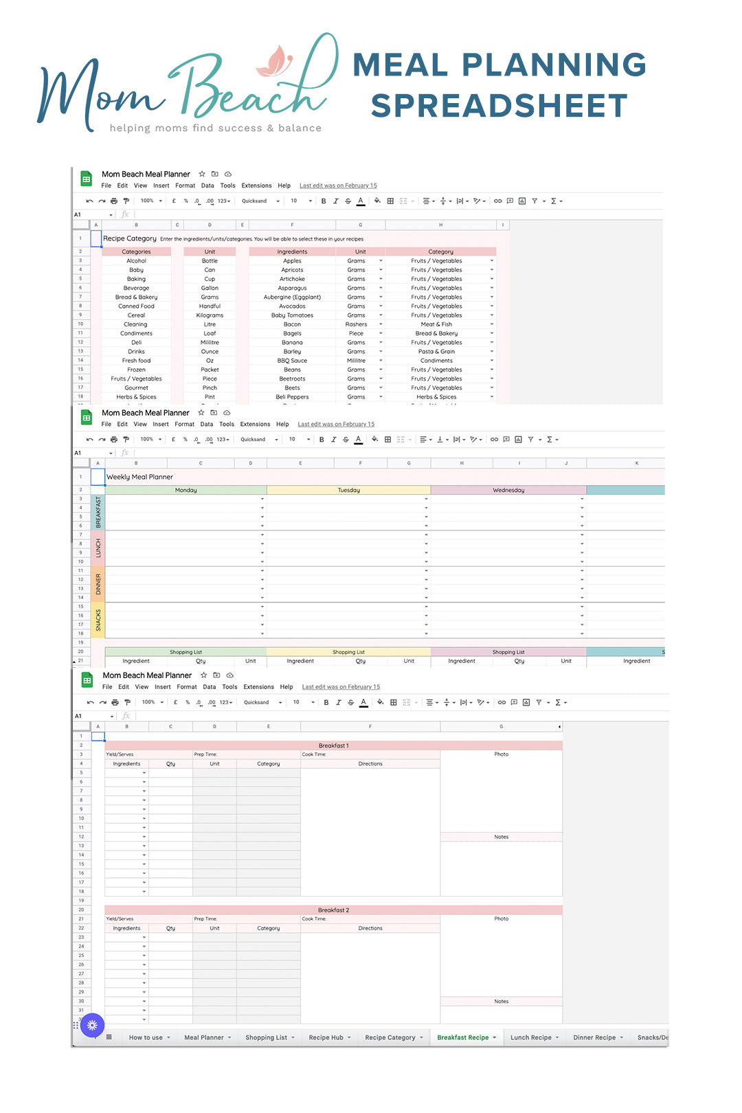 Mom Beach Meal Planning Spreadsheet System