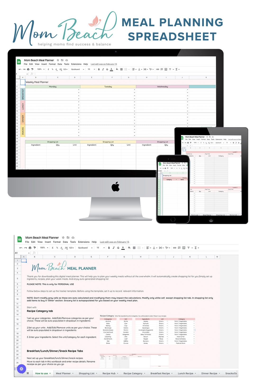 Mom Beach Meal Planning Spreadsheet System